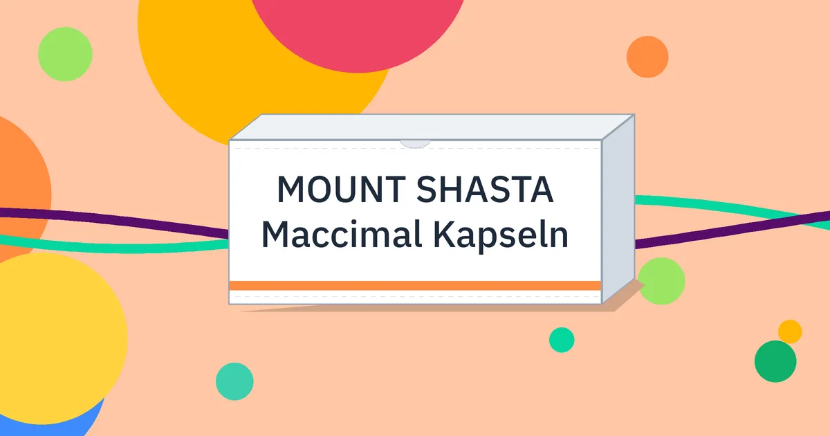 Symbolbild: Packung mit der Aufschrift MOUNT SHASTA Maccimal Kapseln (PZN 09681711) – Verfügbarkeit und Bezug in Apotheken in Frankfurt am Main