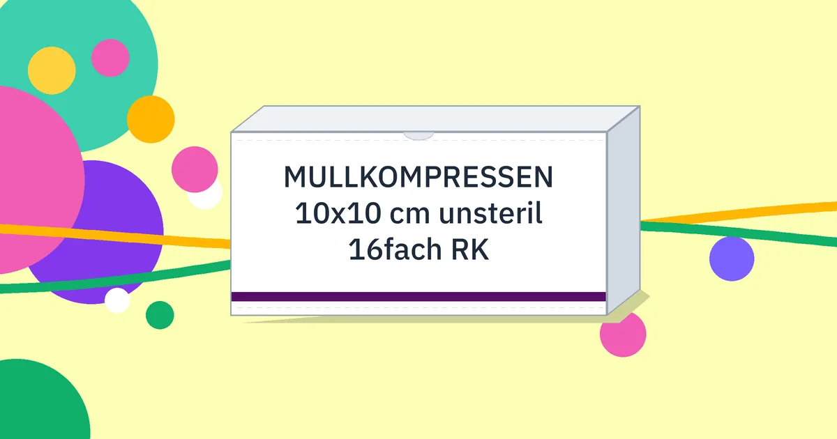 Symbolbild: Packung mit der Aufschrift MULLKOMPRESSEN 10x10 cm unsteril 16fach RK (PZN 02920058) – Verfügbarkeit und Bezug in Apotheken in Frankfurt am Main