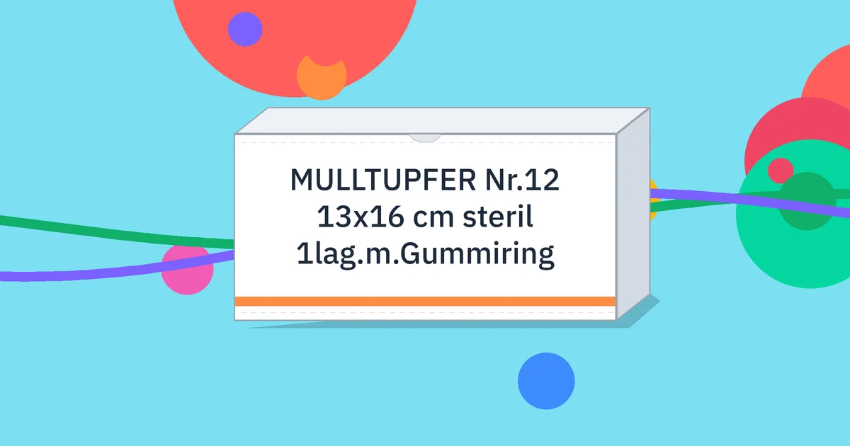 Symbolbild: Packung mit der Aufschrift MULLTUPFER Nr.12 13x16 cm steril 1lag.m.Gummiring (PZN 00263395) – Verfügbarkeit und Bezug in Apotheken in Frankfurt am Main
