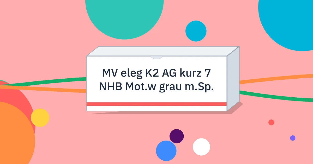Symbolbild: Packung mit der Aufschrift MV eleg K2 AG kurz 7 NHB Mot.w grau m.Sp. (PZN 18927909) – Verfügbarkeit und Bezug in Apotheken in Frankfurt am Main