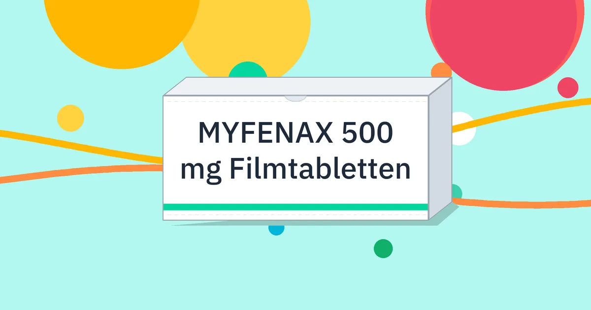 Symbolbild: Packung mit der Aufschrift MYFENAX 500 mg Filmtabletten (PZN 15306590) – Verfügbarkeit und Bezug in Apotheken in Frankfurt am Main