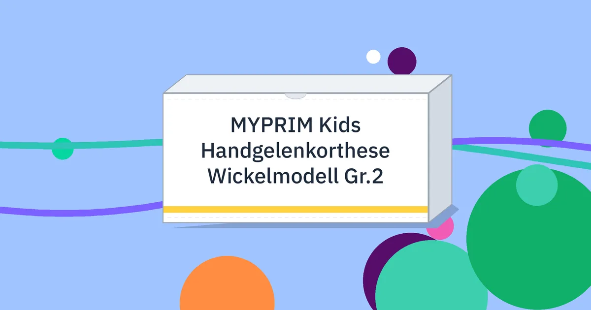 Symbolbild: Packung mit der Aufschrift MYPRIM Kids Handgelenkorthese Wickelmodell Gr.2 (PZN 17879640) – Verfügbarkeit und Bezug in Apotheken in Frankfurt am Main
