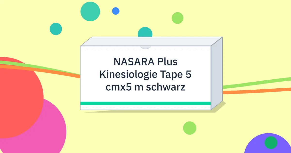 Symbolbild: Packung mit der Aufschrift NASARA Plus Kinesiologie Tape 5 cmx5 m schwarz (PZN 13965503) – Verfügbarkeit und Bezug in Apotheken in Frankfurt am Main