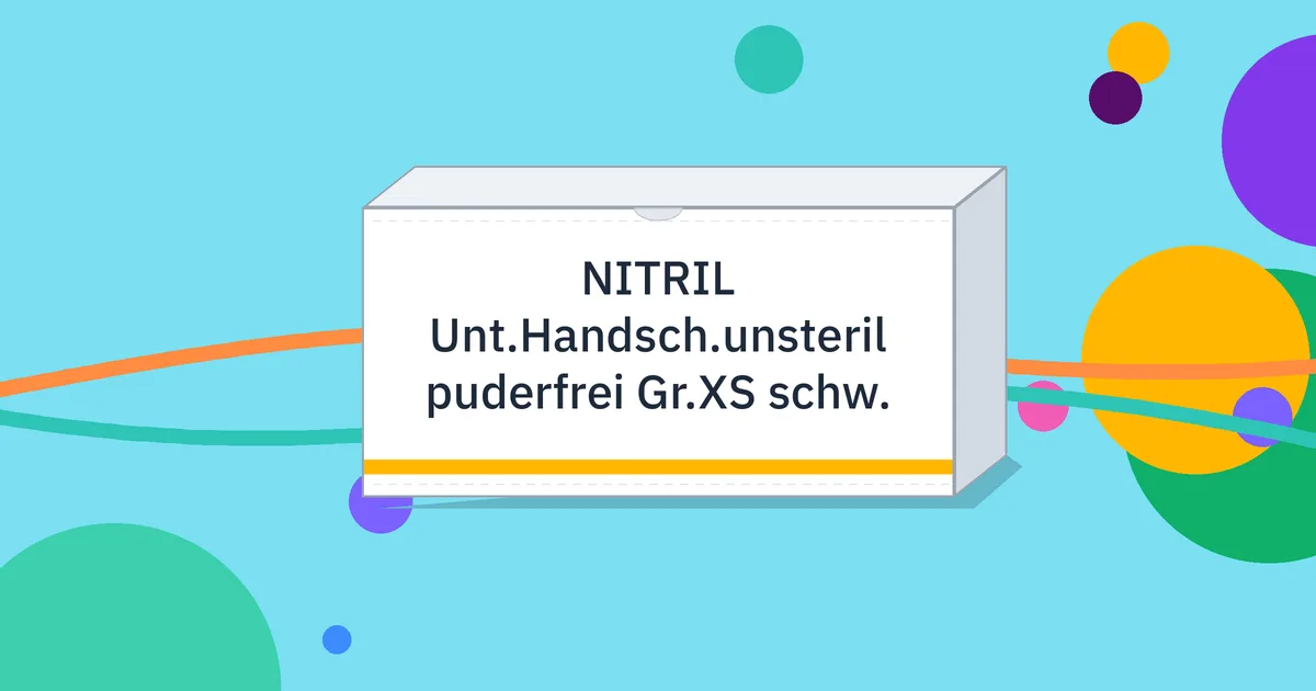Symbolbild: Packung mit der Aufschrift NITRIL Unt.Handsch.unsteril puderfrei Gr.XS schw. (PZN 13351095) – Verfügbarkeit und Bezug in Apotheken in Frankfurt am Main