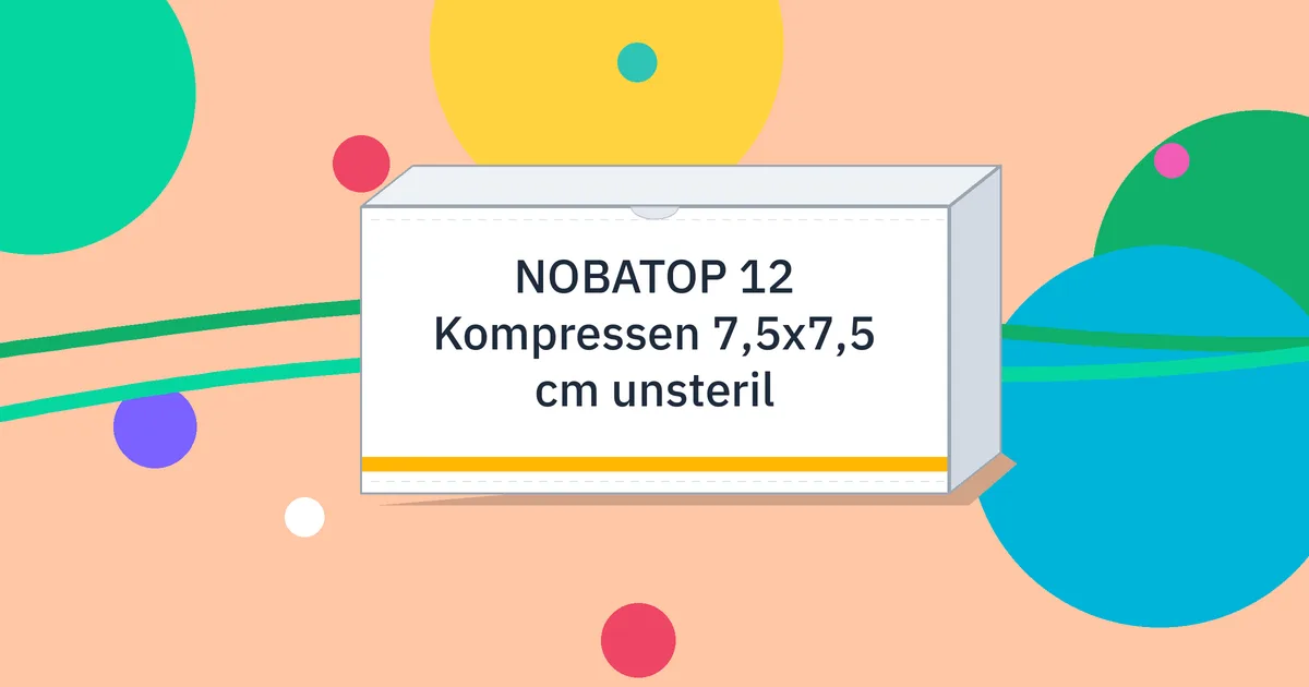 Symbolbild: Packung mit der Aufschrift NOBATOP 12 Kompressen 7,5x7,5 cm unsteril (PZN 16259585) – Verfügbarkeit und Bezug in Apotheken in Frankfurt am Main