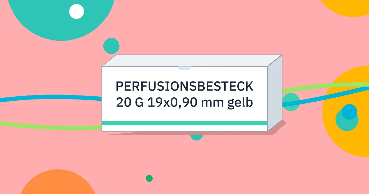 Symbolbild: Packung mit der Aufschrift PERFUSIONSBESTECK 20 G 19x0,90 mm gelb (PZN 13846483) – Verfügbarkeit und Bezug in Apotheken in Frankfurt am Main