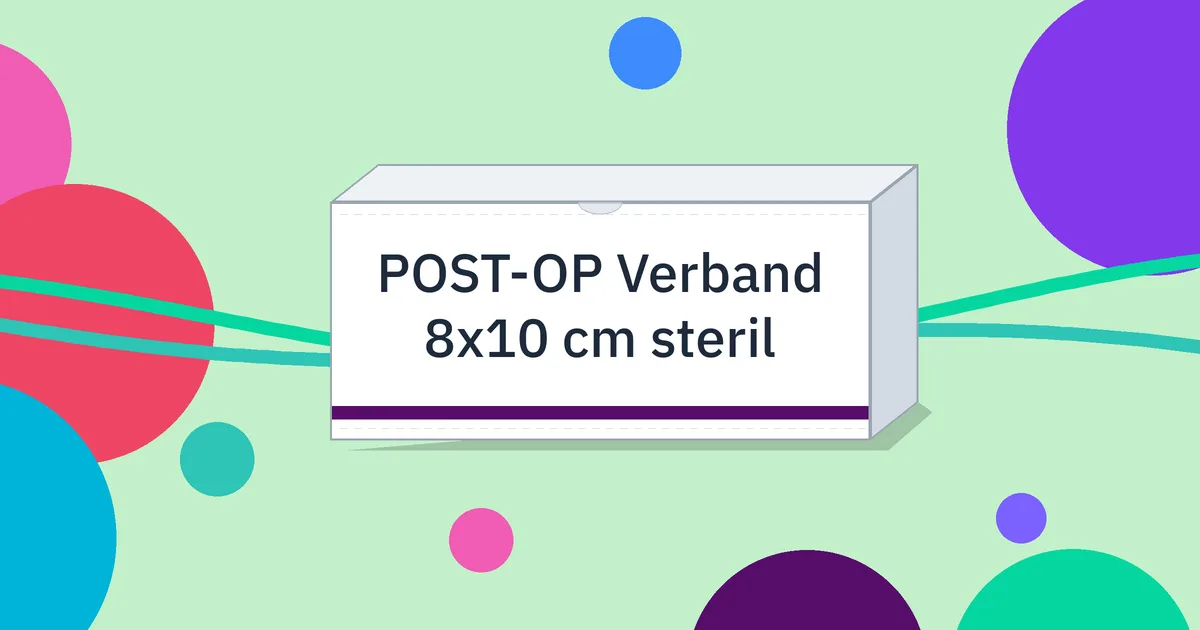 Symbolbild: Packung mit der Aufschrift POST-OP Verband 8x10 cm steril (PZN 17562268) – Verfügbarkeit und Bezug in Apotheken in Frankfurt am Main