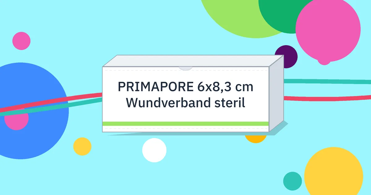 Symbolbild: Packung mit der Aufschrift PRIMAPORE 6x8,3 cm Wundverband steril (PZN 13820242) – Verfügbarkeit und Bezug in Apotheken in Frankfurt am Main