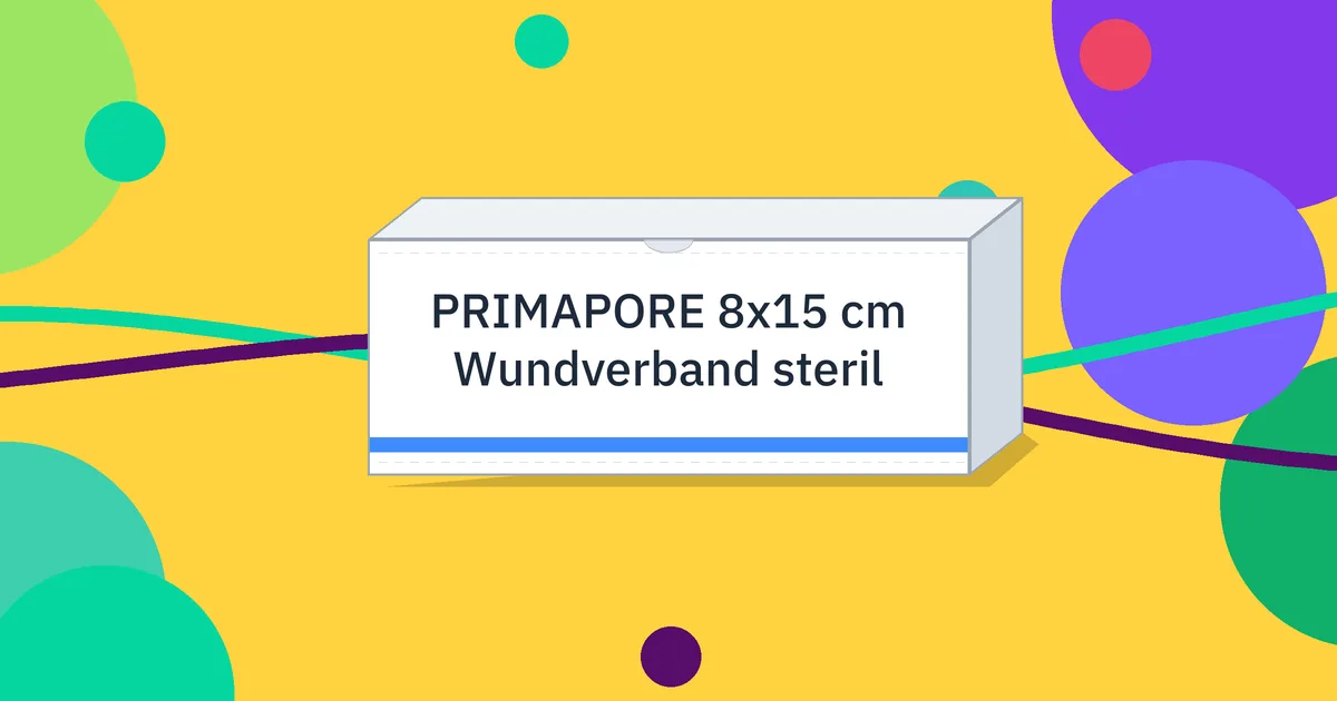 Symbolbild: Packung mit der Aufschrift PRIMAPORE 8x15 cm Wundverband steril (PZN 14329614) – Verfügbarkeit und Bezug in Apotheken in Frankfurt am Main