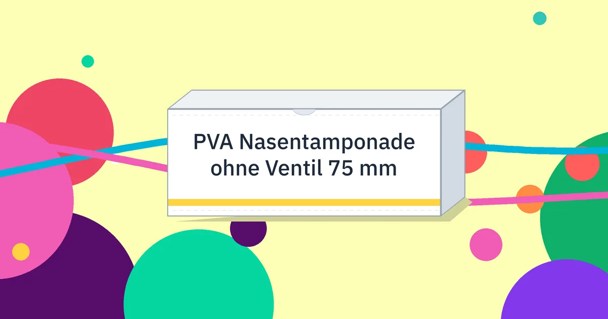 Symbolbild: Packung mit der Aufschrift PVA Nasentamponade ohne Ventil 75 mm (PZN 20642982) – Verfügbarkeit und Bezug in Apotheken in Frankfurt am Main