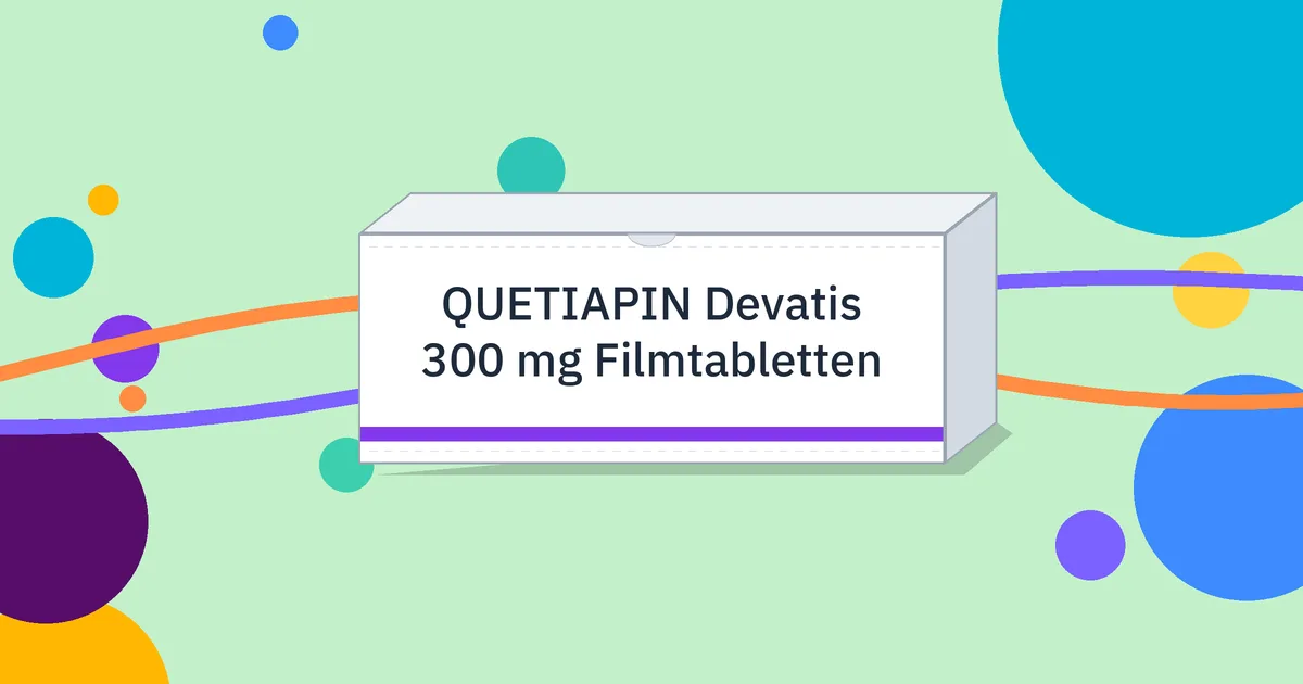 Symbolbild: Packung mit der Aufschrift QUETIAPIN Devatis 300 mg Filmtabletten (PZN 11484107) – Verfügbarkeit und Bezug in Apotheken in Frankfurt am Main
