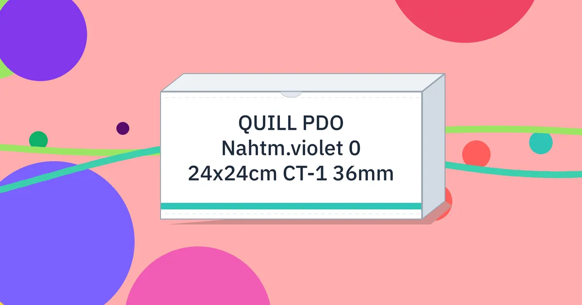 Symbolbild: Packung mit der Aufschrift QUILL PDO Nahtm.violet 0 24x24cm CT-1 36mm (PZN 17989498) – Verfügbarkeit und Bezug in Apotheken in Frankfurt am Main