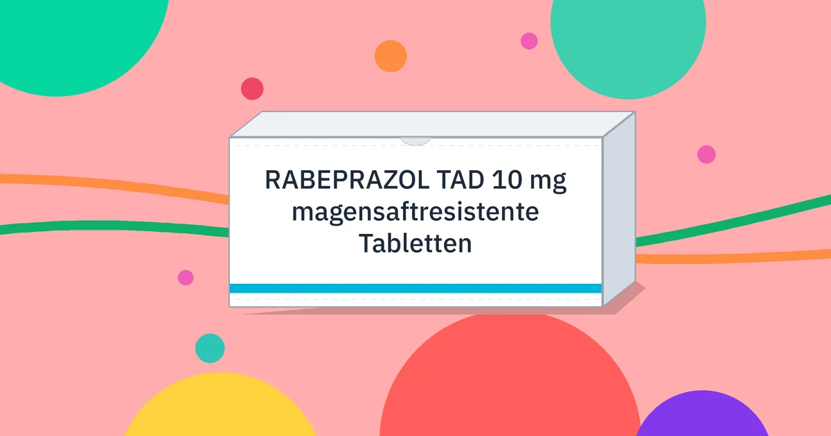 Symbolbild: Packung mit der Aufschrift RABEPRAZOL TAD 10 mg magensaftresistente Tabletten (PZN 00282116) – Verfügbarkeit und Bezug in Apotheken in Frankfurt am Main