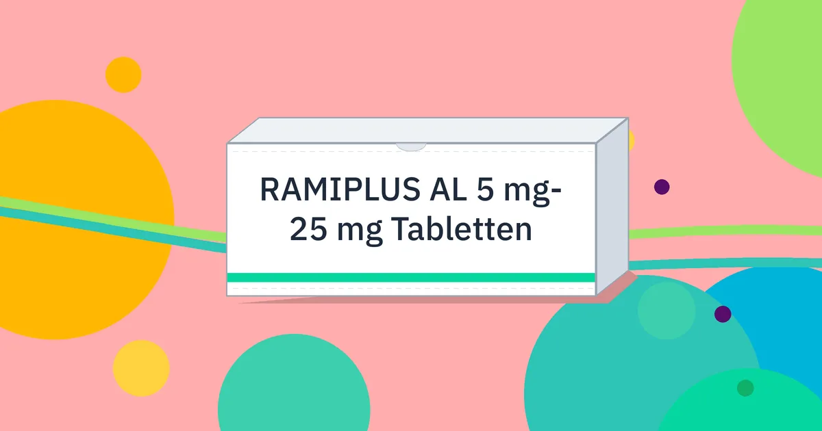 Symbolbild: Packung mit der Aufschrift RAMIPLUS AL 5 mg-25 mg Tabletten (PZN 01994818) – Verfügbarkeit und Bezug in Apotheken in Frankfurt am Main