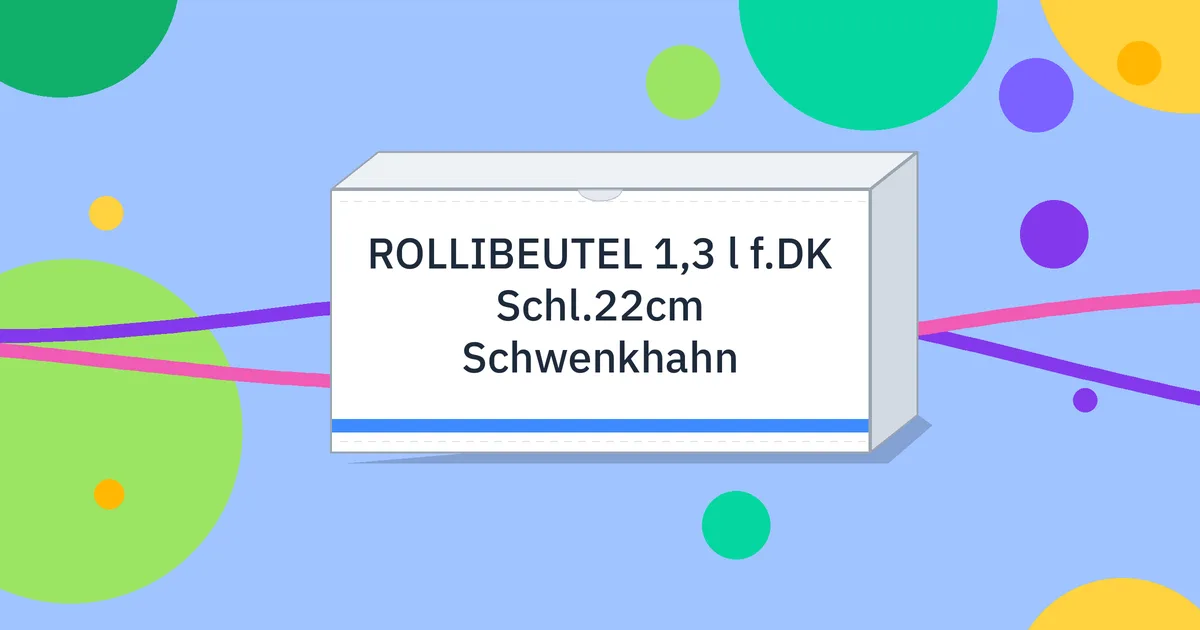 Symbolbild: Packung mit der Aufschrift ROLLIBEUTEL 1,3 l f.DK Schl.22cm Schwenkhahn (PZN 06094568) – Verfügbarkeit und Bezug in Apotheken in Frankfurt am Main