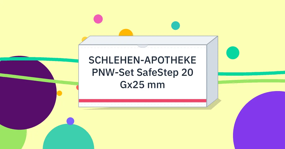 Symbolbild: Packung mit der Aufschrift SCHLEHEN-APOTHEKE PNW-Set SafeStep 20 Gx25 mm (PZN 16229377) – Verfügbarkeit und Bezug in Apotheken in Frankfurt am Main