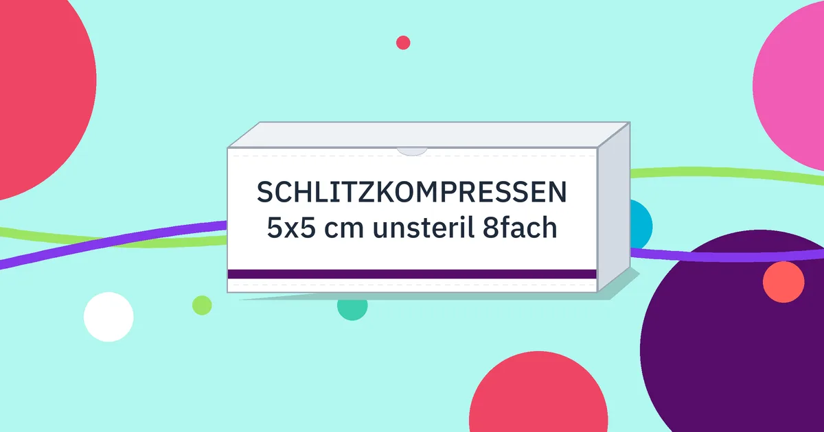 Symbolbild: Packung mit der Aufschrift SCHLITZKOMPRESSEN 5x5 cm unsteril 8fach (PZN 00647954) – Verfügbarkeit und Bezug in Apotheken in Frankfurt am Main