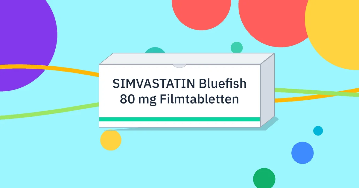 Symbolbild: Packung mit der Aufschrift SIMVASTATIN Bluefish 80 mg Filmtabletten (PZN 07276923) – Verfügbarkeit und Bezug in Apotheken in Frankfurt am Main
