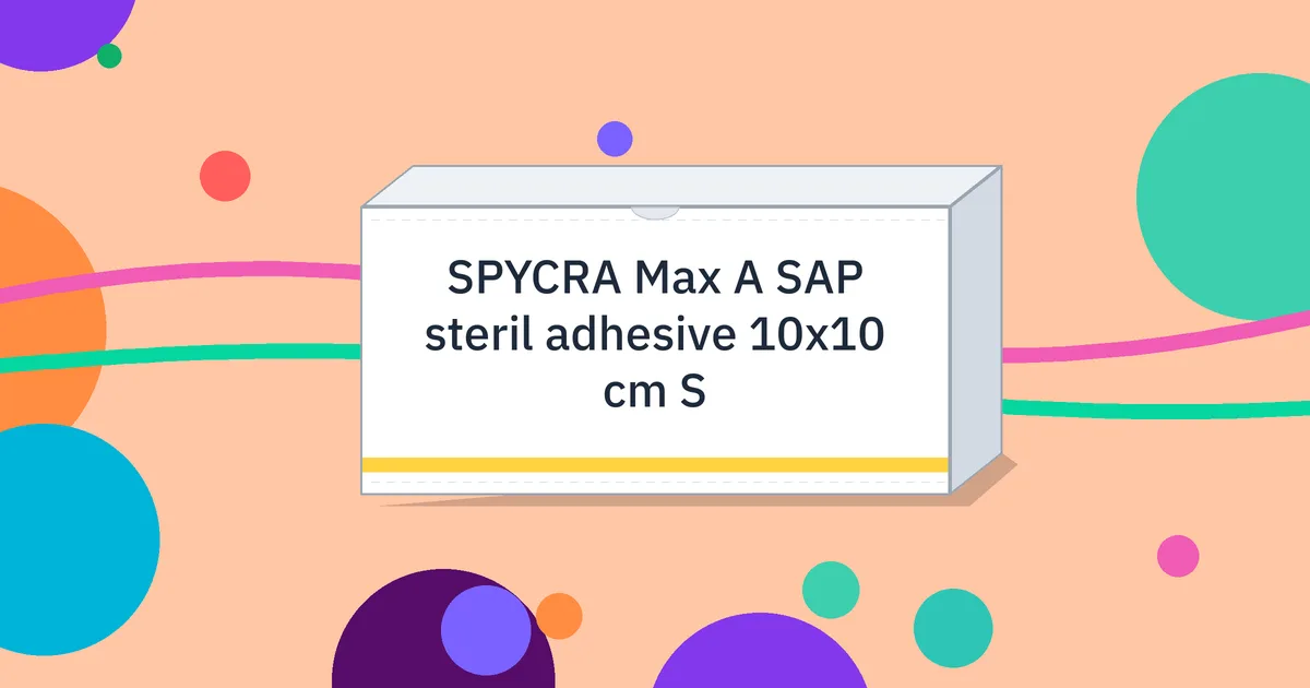 Symbolbild: Packung mit der Aufschrift SPYCRA Max A SAP steril adhesive 10x10 cm S (PZN 18179028) – Verfügbarkeit und Bezug in Apotheken in Frankfurt am Main