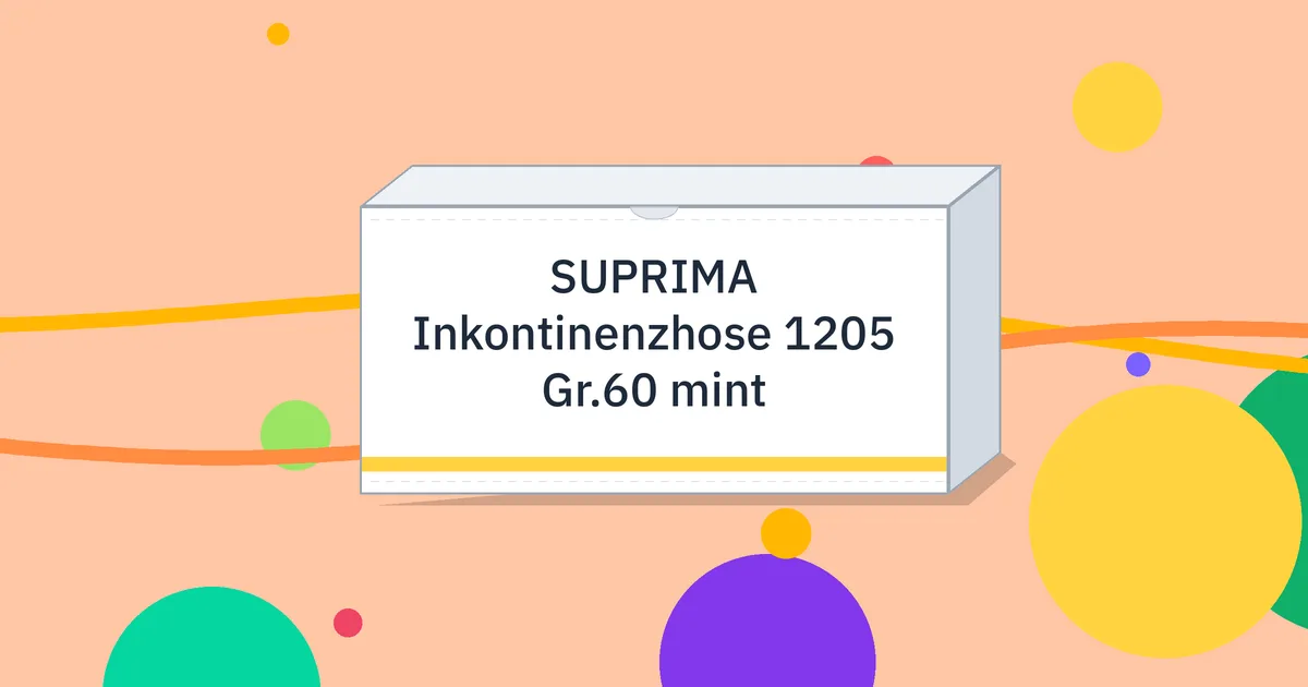 Symbolbild: Packung mit der Aufschrift SUPRIMA Inkontinenzhose 1205 Gr.60 mint (PZN 07631614) – Verfügbarkeit und Bezug in Apotheken in Frankfurt am Main