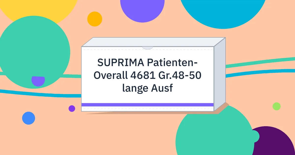 Symbolbild: Packung mit der Aufschrift SUPRIMA Patienten-Overall 4681 Gr.48-50 lange Ausf (PZN 01368601) – Verfügbarkeit und Bezug in Apotheken in Frankfurt am Main