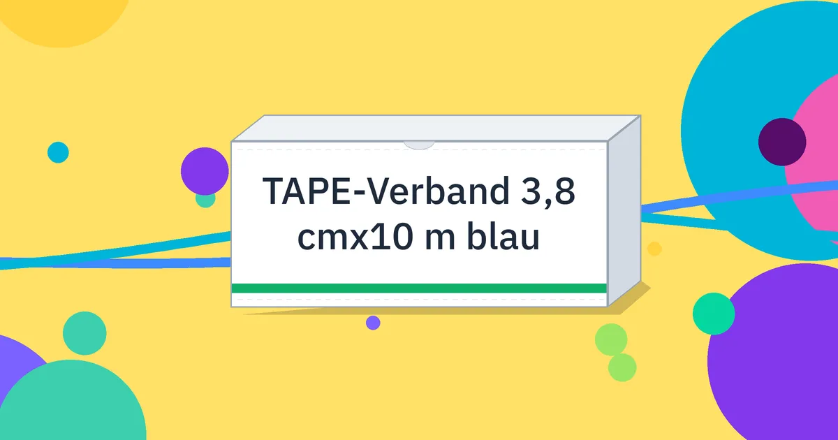 Symbolbild: Packung mit der Aufschrift TAPE-Verband 3,8 cmx10 m blau (PZN 04881434) – Verfügbarkeit und Bezug in Apotheken in Frankfurt am Main