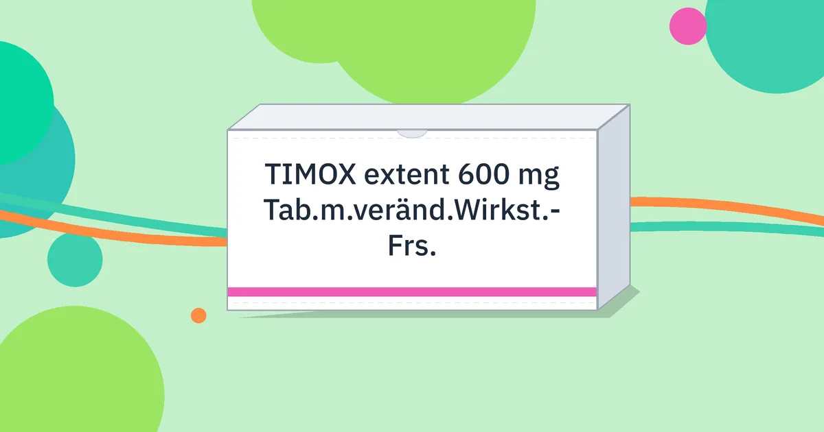 Symbolbild: Packung mit der Aufschrift TIMOX extent 600 mg Tab.m.veränd.Wirkst.-Frs. (PZN 11267798) – Verfügbarkeit und Bezug in Apotheken in Frankfurt am Main