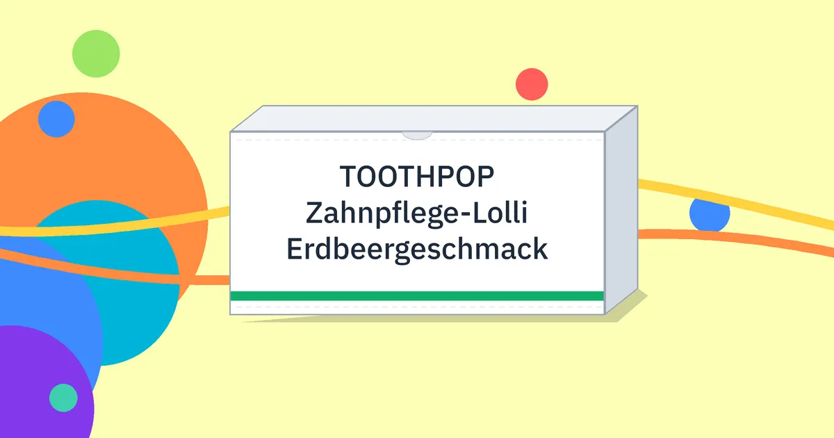 Symbolbild: Packung mit der Aufschrift TOOTHPOP Zahnpflege-Lolli Erdbeergeschmack (PZN 11321090) – Verfügbarkeit und Bezug in Apotheken in Frankfurt am Main