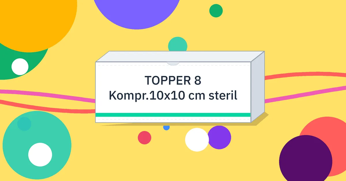 Symbolbild: Packung mit der Aufschrift TOPPER 8 Kompr.10x10 cm steril (PZN 20545724) – Verfügbarkeit und Bezug in Apotheken in Frankfurt am Main