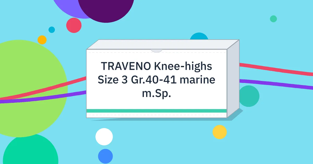 Symbolbild: Packung mit der Aufschrift TRAVENO Knee-highs Size 3 Gr.40-41 marine m.Sp. (PZN 17602795) – Verfügbarkeit und Bezug in Apotheken in Frankfurt am Main