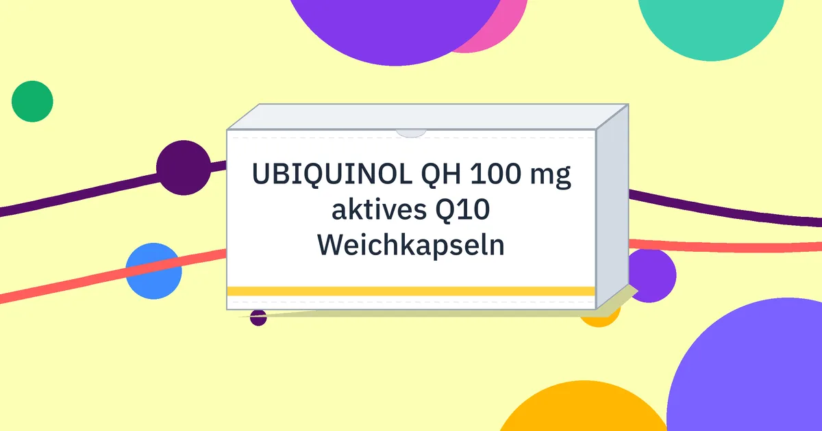 Symbolbild: Packung mit der Aufschrift UBIQUINOL QH 100 mg aktives Q10 Weichkapseln (PZN 18455741) – Verfügbarkeit und Bezug in Apotheken in Frankfurt am Main