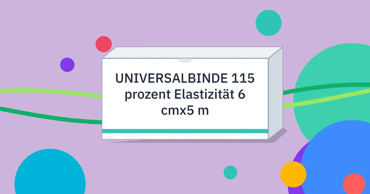 Symbolbild: Packung mit der Aufschrift UNIVERSALBINDE 115 prozent Elastizität 6 cmx5 m (PZN 08443228) – Verfügbarkeit und Bezug in Apotheken in Frankfurt am Main