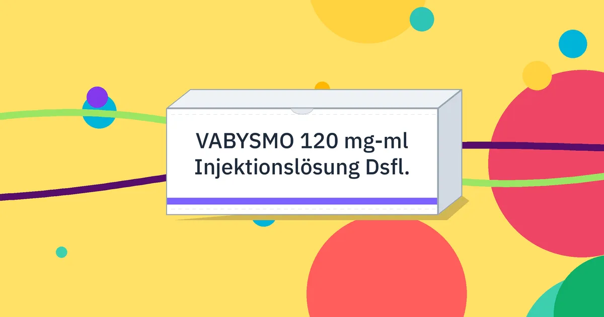 Symbolbild: Packung mit der Aufschrift VABYSMO 120 mg-ml Injektionslösung Dsfl. (PZN 19415399) – Verfügbarkeit und Bezug in Apotheken in Frankfurt am Main