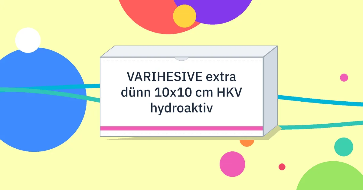 Symbolbild: Packung mit der Aufschrift VARIHESIVE extra dünn 10x10 cm HKV hydroaktiv (PZN 12565084) – Verfügbarkeit und Bezug in Apotheken in Frankfurt am Main