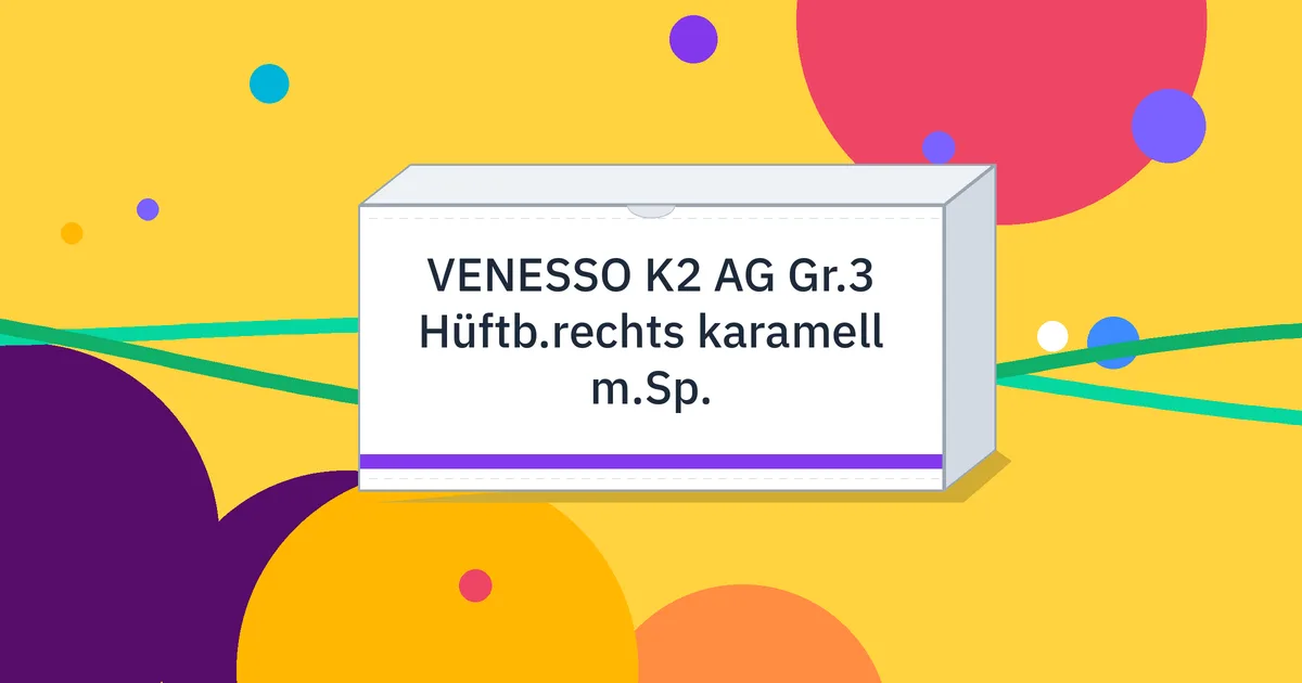 Symbolbild: Packung mit der Aufschrift VENESSO K2 AG Gr.3 Hüftb.rechts karamell m.Sp. (PZN 13761545) – Verfügbarkeit und Bezug in Apotheken in Frankfurt am Main