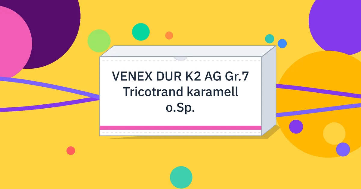 Symbolbild: Packung mit der Aufschrift VENEX DUR K2 AG Gr.7 Tricotrand karamell o.Sp. (PZN 13762935) – Verfügbarkeit und Bezug in Apotheken in Frankfurt am Main