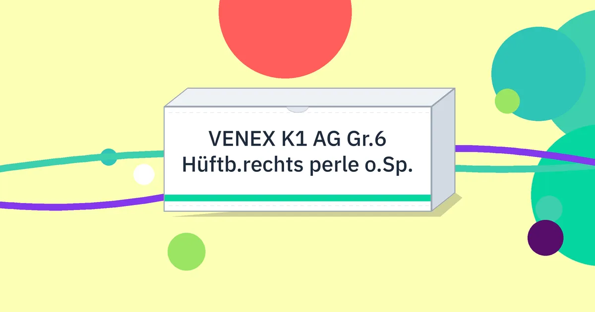 Symbolbild: Packung mit der Aufschrift VENEX K1 AG Gr.6 Hüftb.rechts perle o.Sp. (PZN 03207463) – Verfügbarkeit und Bezug in Apotheken in Frankfurt am Main