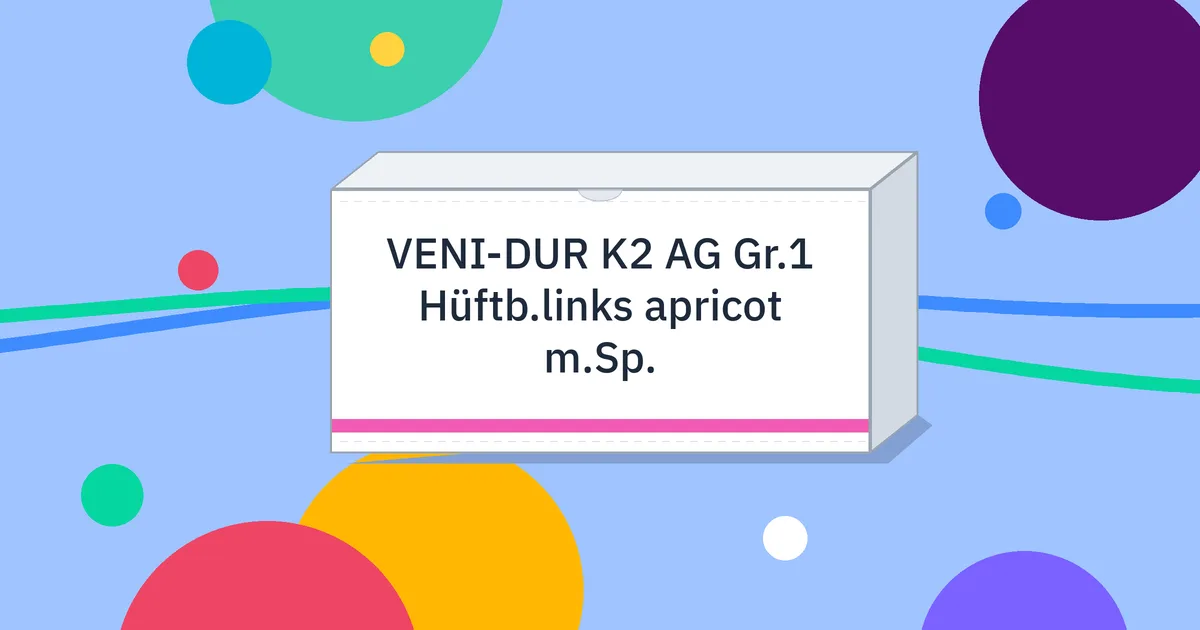 Symbolbild: Packung mit der Aufschrift VENI-DUR K2 AG Gr.1 Hüftb.links apricot m.Sp. (PZN 03246658) – Verfügbarkeit und Bezug in Apotheken in Frankfurt am Main