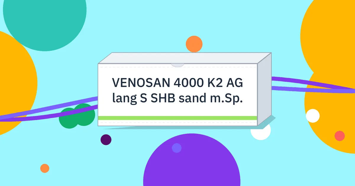 Symbolbild: Packung mit der Aufschrift VENOSAN 4000 K2 AG lang S SHB sand m.Sp. (PZN 14422609) – Verfügbarkeit und Bezug in Apotheken in Frankfurt am Main