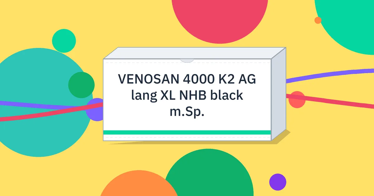 Symbolbild: Packung mit der Aufschrift VENOSAN 4000 K2 AG lang XL NHB black m.Sp. (PZN 14427825) – Verfügbarkeit und Bezug in Apotheken in Frankfurt am Main