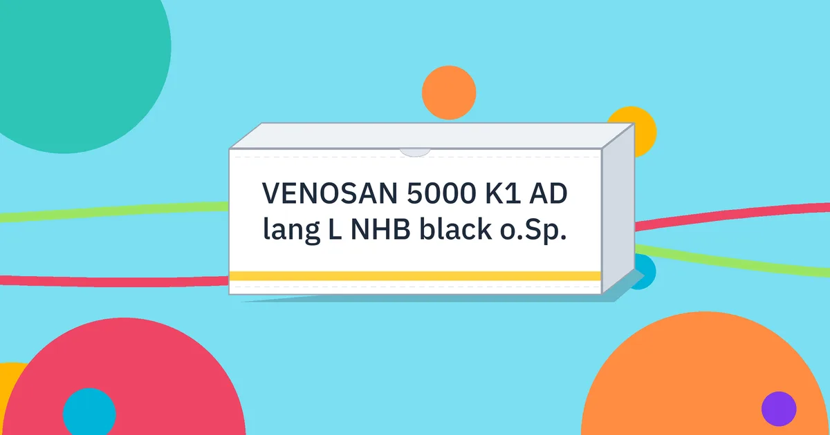 Symbolbild: Packung mit der Aufschrift VENOSAN 5000 K1 AD lang L NHB black o.Sp. (PZN 14432602) – Verfügbarkeit und Bezug in Apotheken in Frankfurt am Main