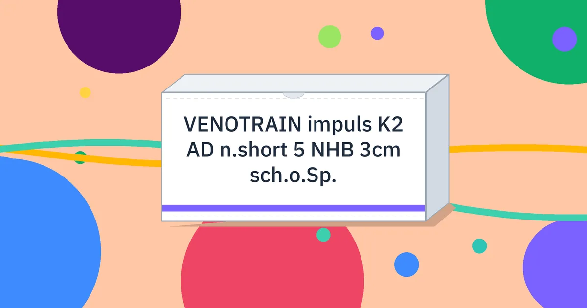 Symbolbild: Packung mit der Aufschrift VENOTRAIN impuls K2 AD n.short 5 NHB 3cm sch.o.Sp. (PZN 00652978) – Verfügbarkeit und Bezug in Apotheken in Frankfurt am Main