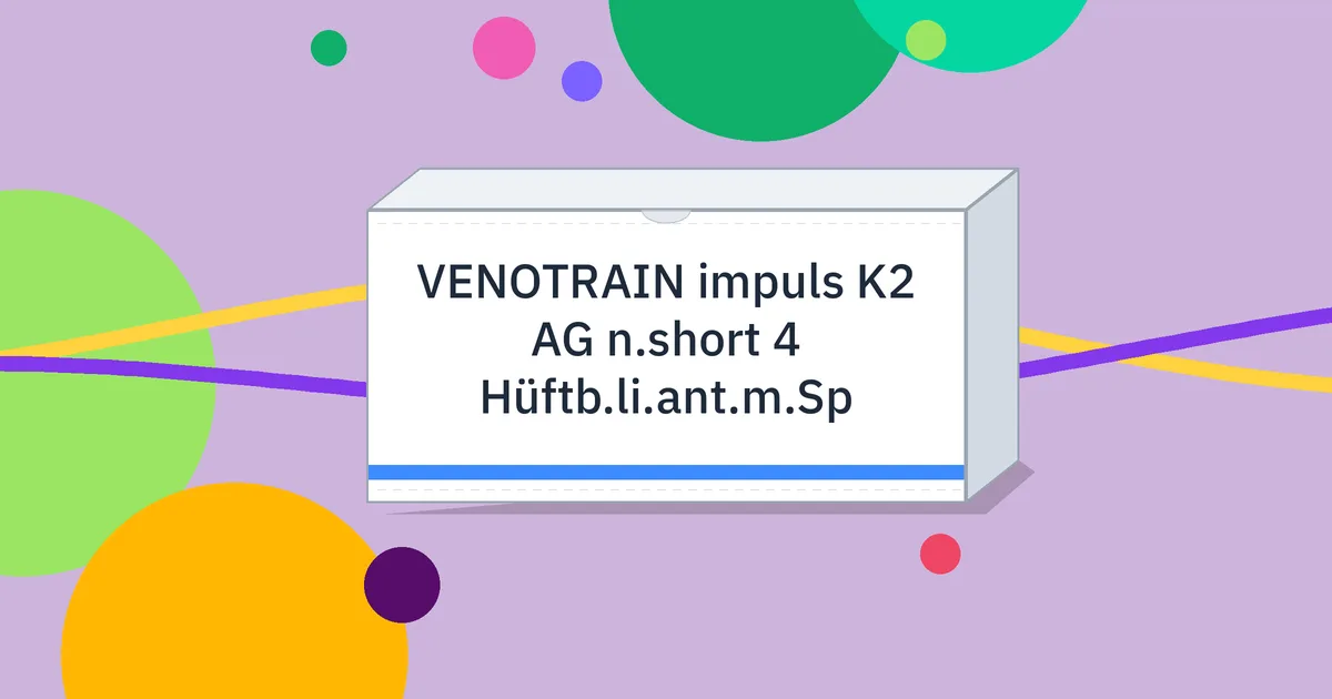 Symbolbild: Packung mit der Aufschrift VENOTRAIN impuls K2 AG n.short 4 Hüftb.li.ant.m.Sp (PZN 15219359) – Verfügbarkeit und Bezug in Apotheken in Frankfurt am Main
