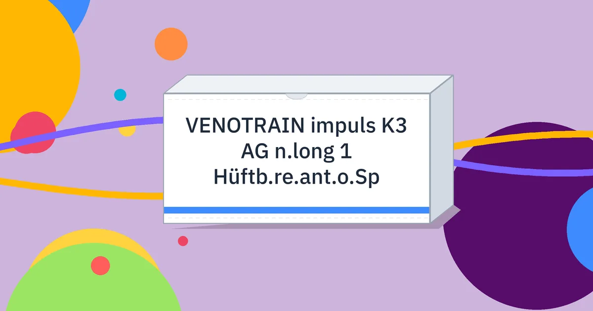 Symbolbild: Packung mit der Aufschrift VENOTRAIN impuls K3 AG n.long 1 Hüftb.re.ant.o.Sp (PZN 15218495) – Verfügbarkeit und Bezug in Apotheken in Frankfurt am Main