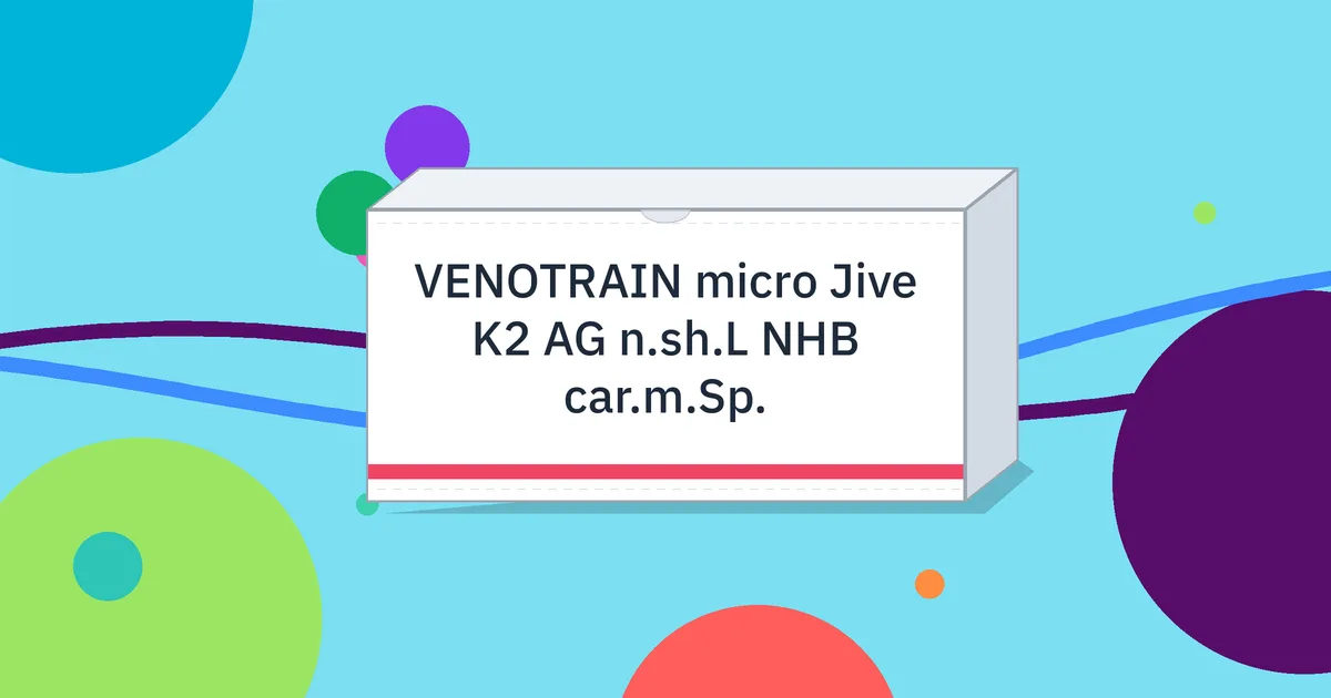 Symbolbild: Packung mit der Aufschrift VENOTRAIN micro Jive K2 AG n.sh.L NHB car.m.Sp. (PZN 17764345) – Verfügbarkeit und Bezug in Apotheken in Frankfurt am Main