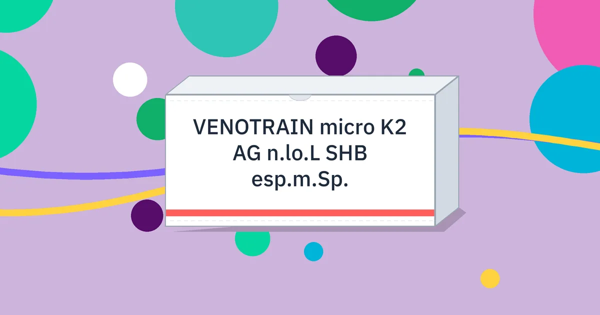 Symbolbild: Packung mit der Aufschrift VENOTRAIN micro K2 AG n.lo.L SHB esp.m.Sp. (PZN 06348230) – Verfügbarkeit und Bezug in Apotheken in Frankfurt am Main