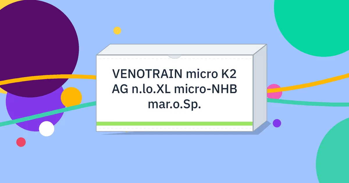 Symbolbild: Packung mit der Aufschrift VENOTRAIN micro K2 AG n.lo.XL micro-NHB mar.o.Sp. (PZN 16066337) – Verfügbarkeit und Bezug in Apotheken in Frankfurt am Main
