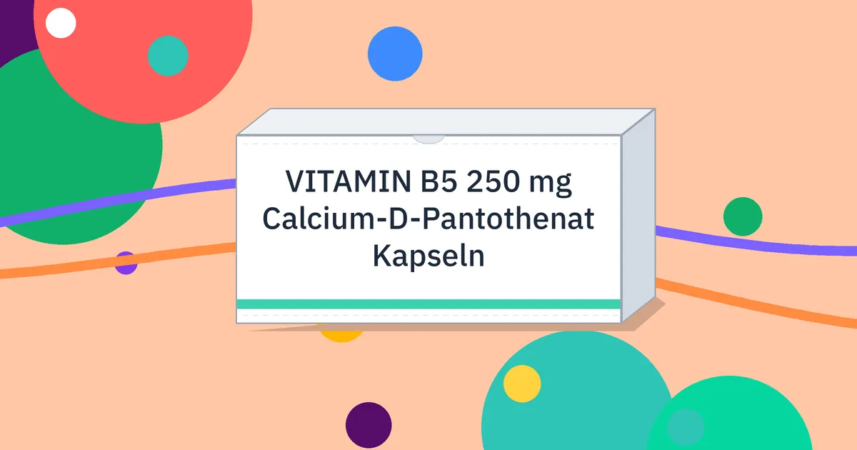 Symbolbild: Packung mit der Aufschrift VITAMIN B5 250 mg Calcium-D-Pantothenat Kapseln (PZN 17965931) – Verfügbarkeit und Bezug in Apotheken in Frankfurt am Main