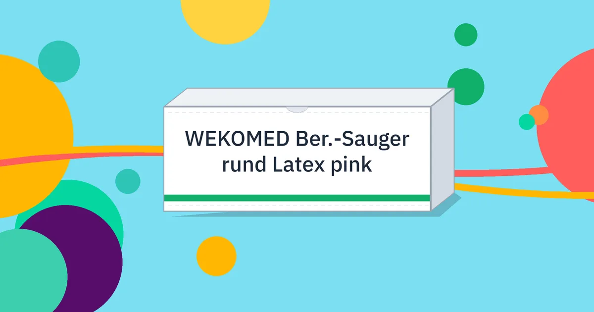 Symbolbild: Packung mit der Aufschrift WEKOMED Ber.-Sauger rund Latex pink (PZN 04921731) – Verfügbarkeit und Bezug in Apotheken in Frankfurt am Main