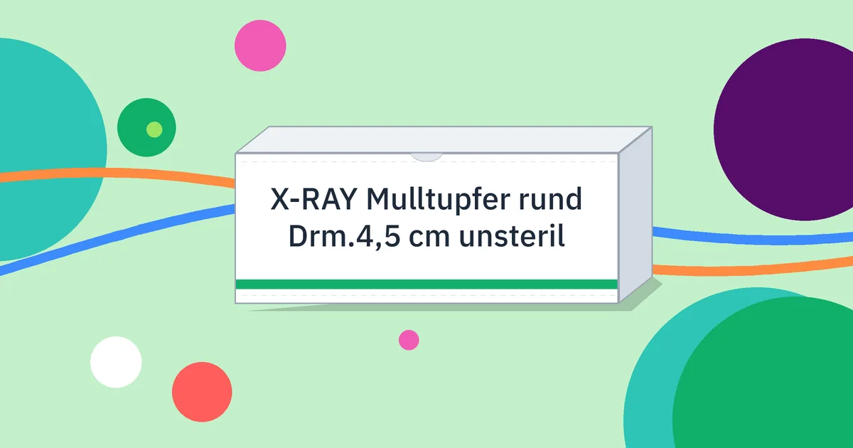 Symbolbild: Packung mit der Aufschrift X-RAY Mulltupfer rund Drm.4,5 cm unsteril (PZN 03895664) – Verfügbarkeit und Bezug in Apotheken in Frankfurt am Main